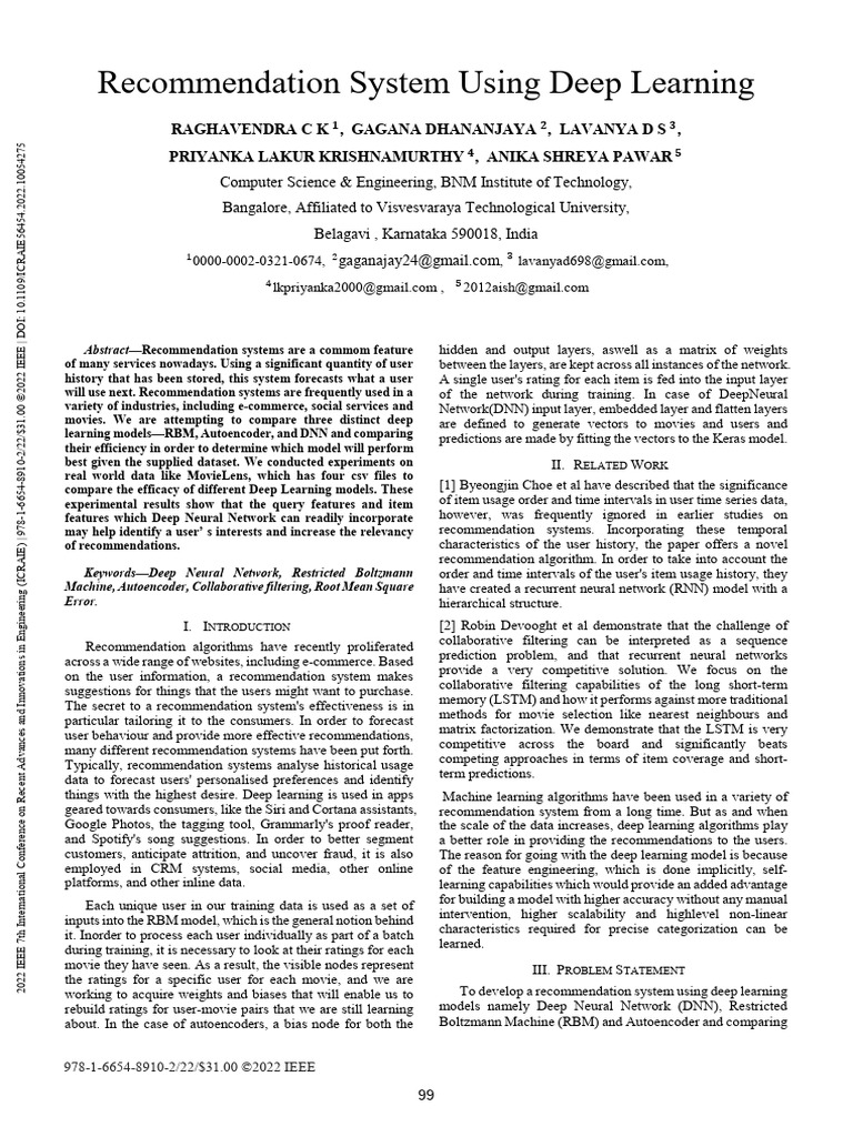 Recommendation System Using Deep Learning | PDF | Deep Learning | Algorithms