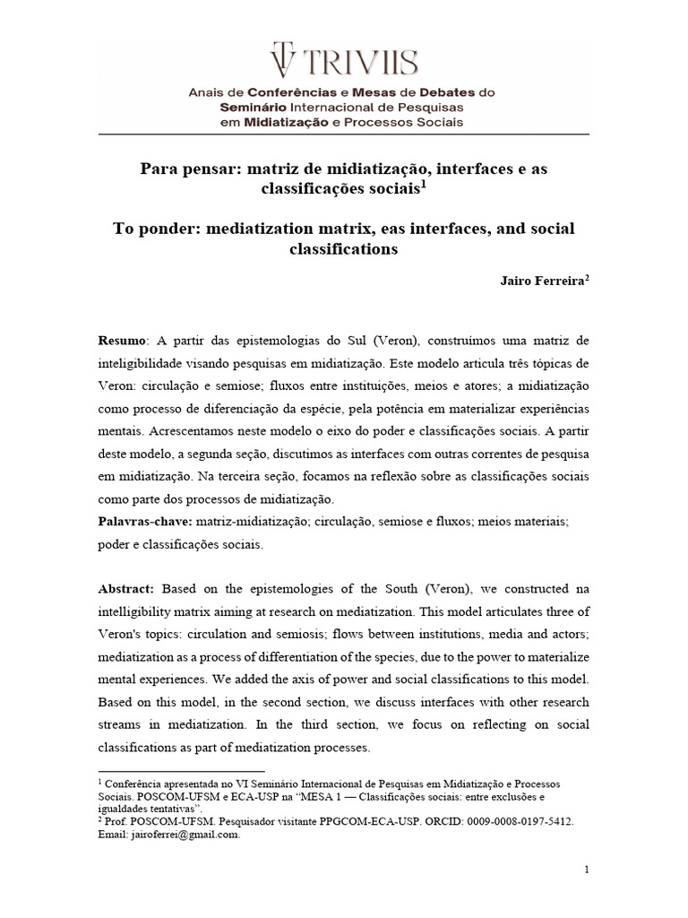 Para Pensar Matriz de Midiatização, Interfaces Easclassificações ...