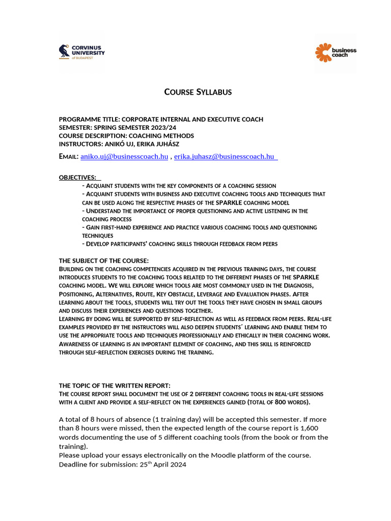 Course Syllabus Coaching Methods 2024 Spring 2024-02-13 | PDF ...