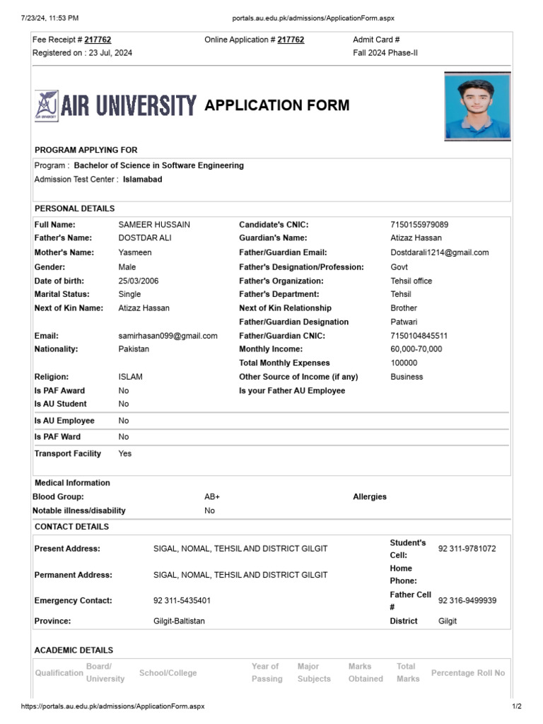 Portals - Au.edu - PK Admissions ApplicationForm - Aspx | PDF | Fee