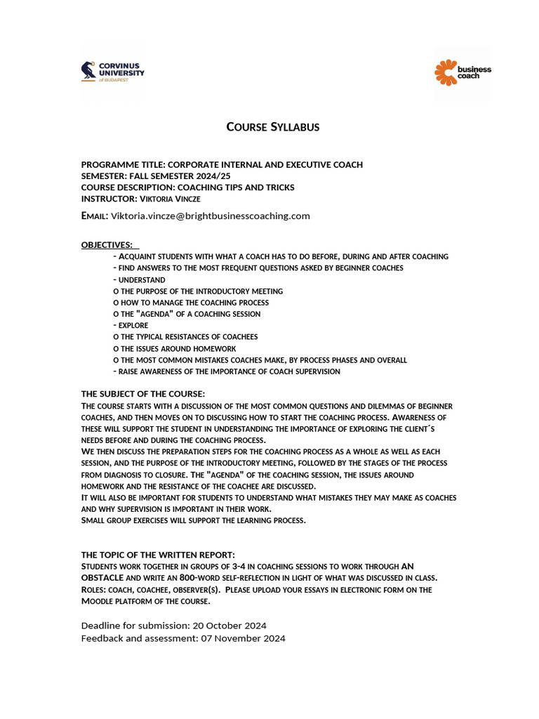 Course Syllabus - Coaching Tips and Tricks | PDF | Thought | Cognitive Science