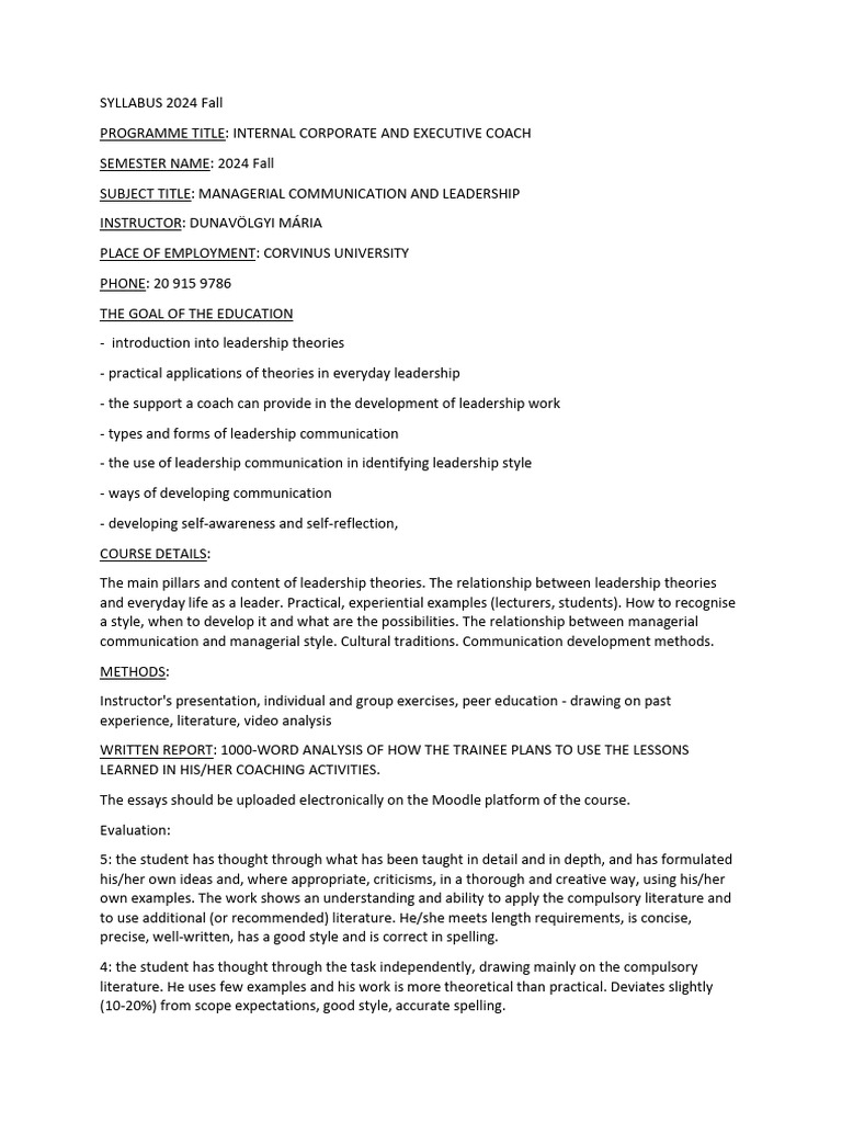 Syllabus 2024 MANAGERIAL COMMUNICATION AND LEADERSHIP | PDF ...