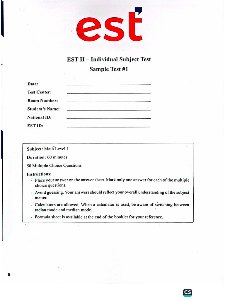 EST 2 Sample Test 1 | PDF