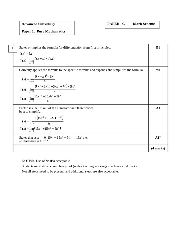 06 As Pure Mathematics Practice Paper C Mark Scheme | PDF | Factorization | Quadratic Equation