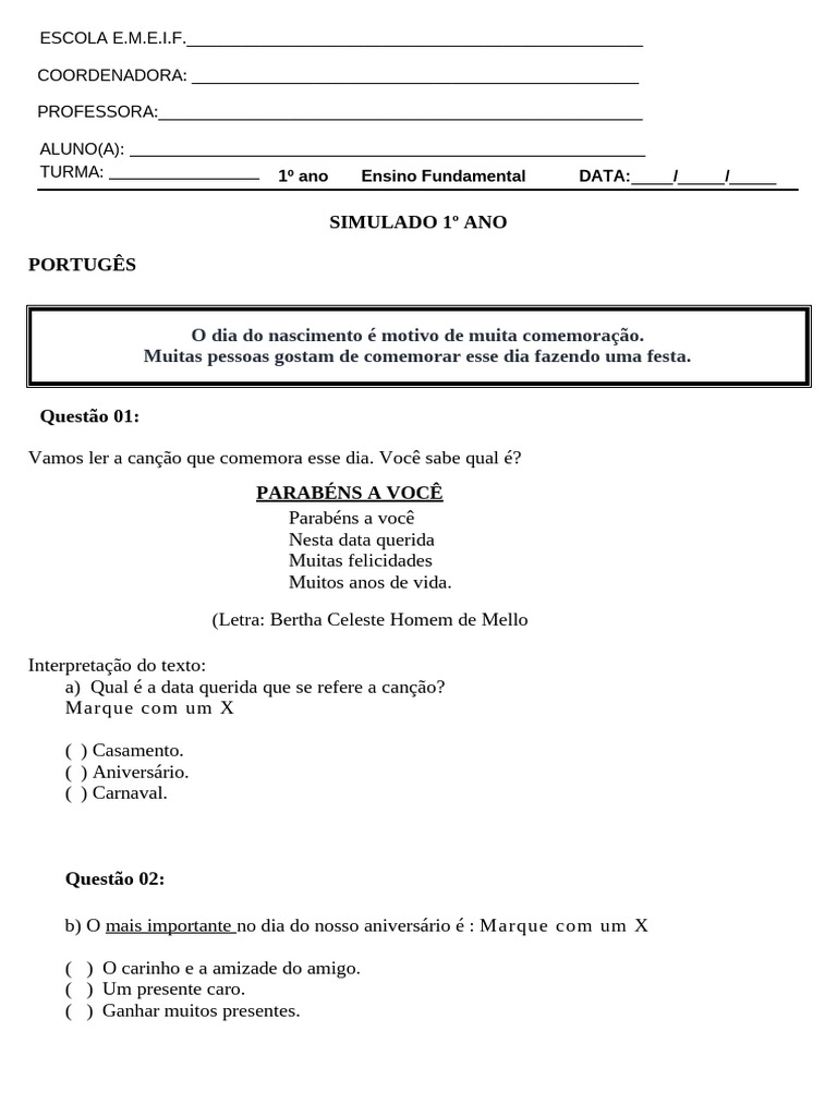 SIMULADO 1º ANO | PDF | Aniversários