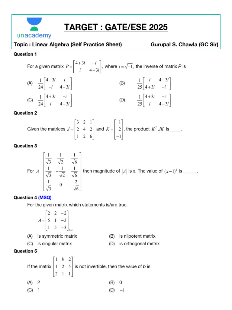 Linear Algebra Practice for GATE/ESE 2025 | PDF | Eigenvalues And ...