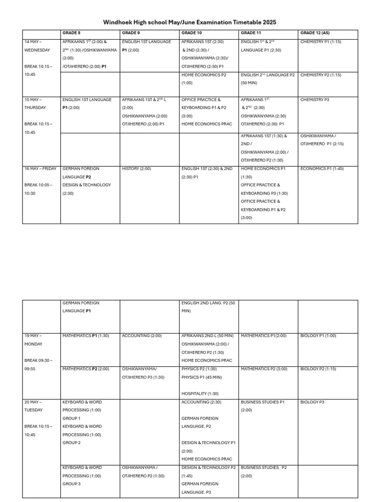 Cluster Time Table Final 1st Term 2025 WHS | PDF | Science
