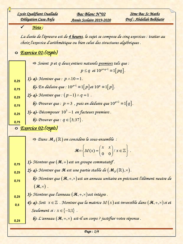 Bac Blanc Maths 2ème Bac 2019-2020 | PDF | Anneau (mathématiques ...