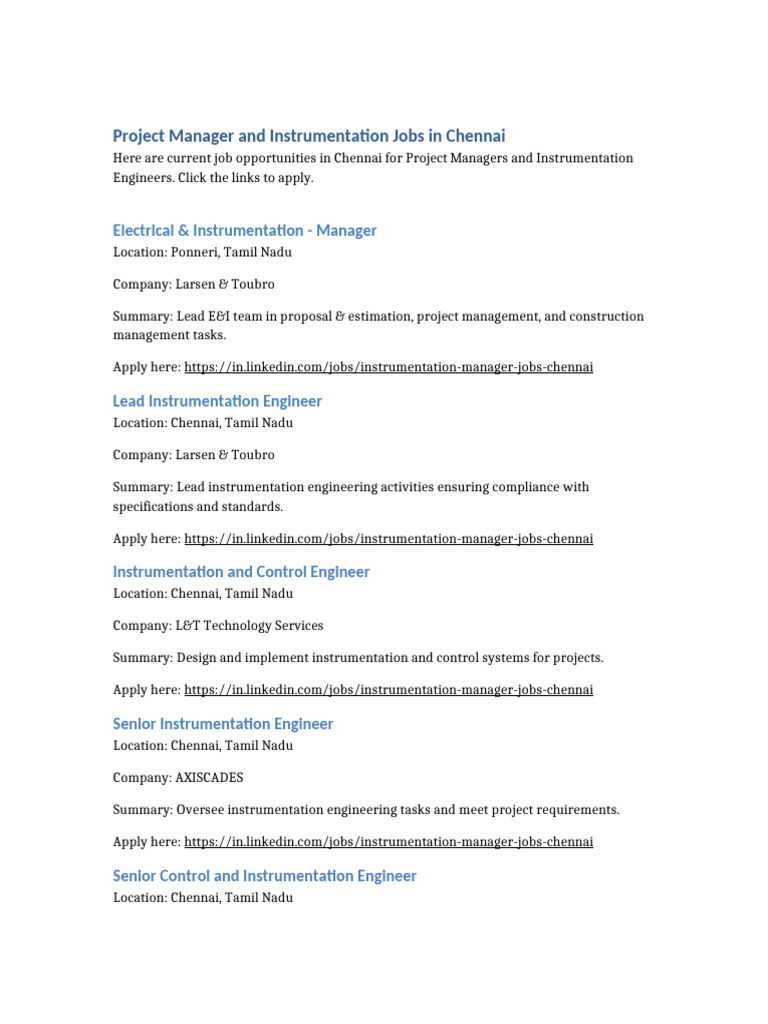 Chennai Instrumentation Job Openings | PDF