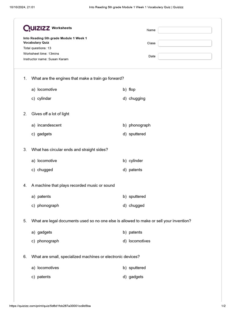 Into Reading 5th Grade Module 1 Week 1 Vocabulary Quiz - Quizizz | PDF ...