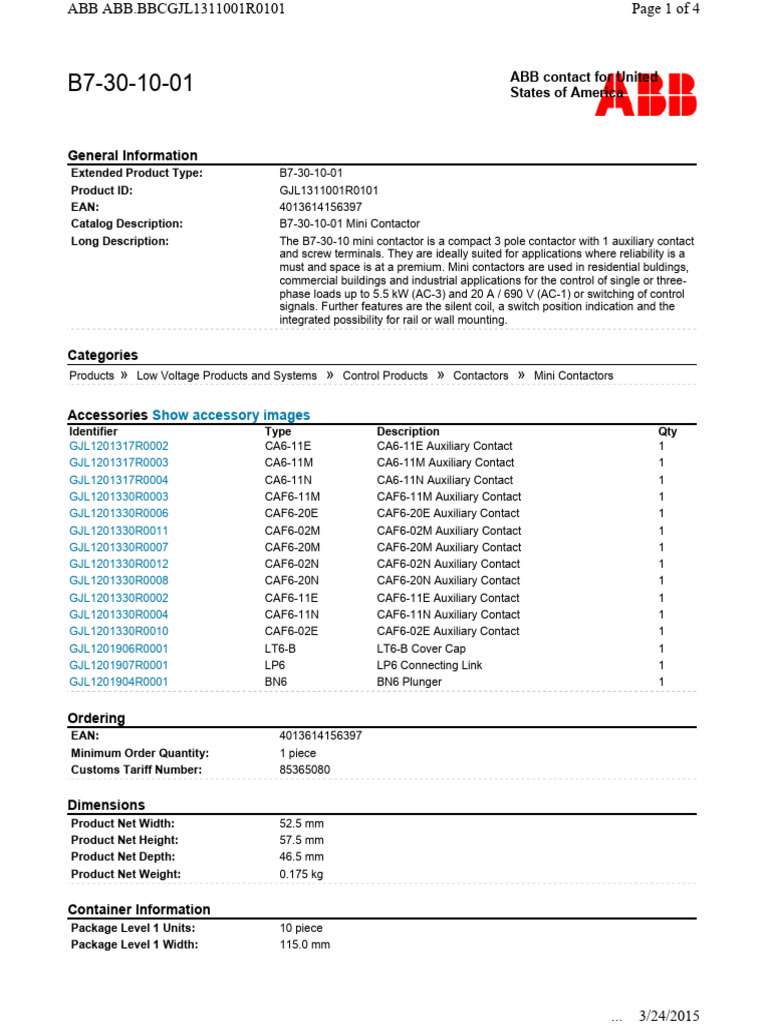 B7-30-10 Mini Contactor Specifications | PDF | Relay | Alternating Current
