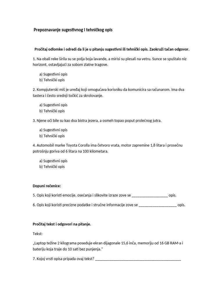 Test Sugestivni Tehnicki Opis | PDF