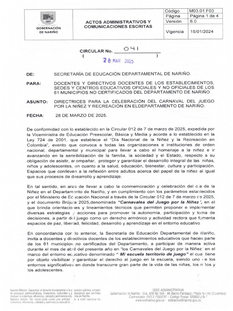 Circular No. 041 Del 28 de Marzo de 2025 - Secretaría de Educación ...