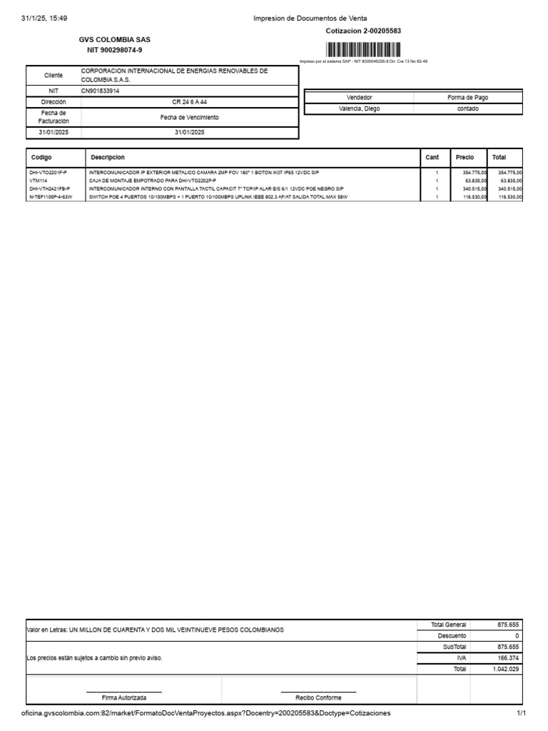 Cotización GVS Colombia para Energías Renovables | PDF
