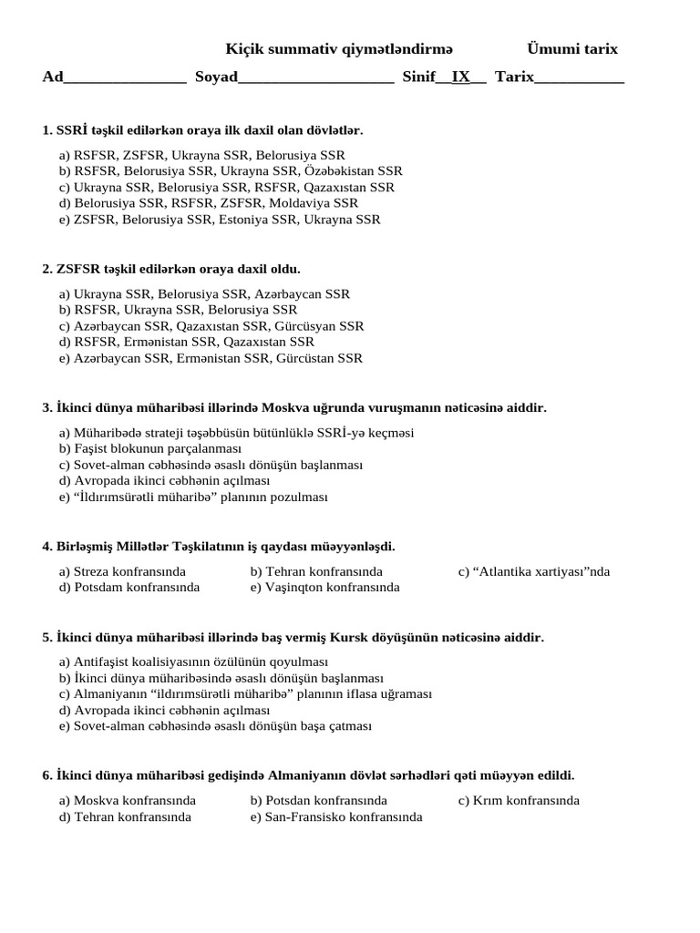 9 Sinif Ümumi Tarix | PDF