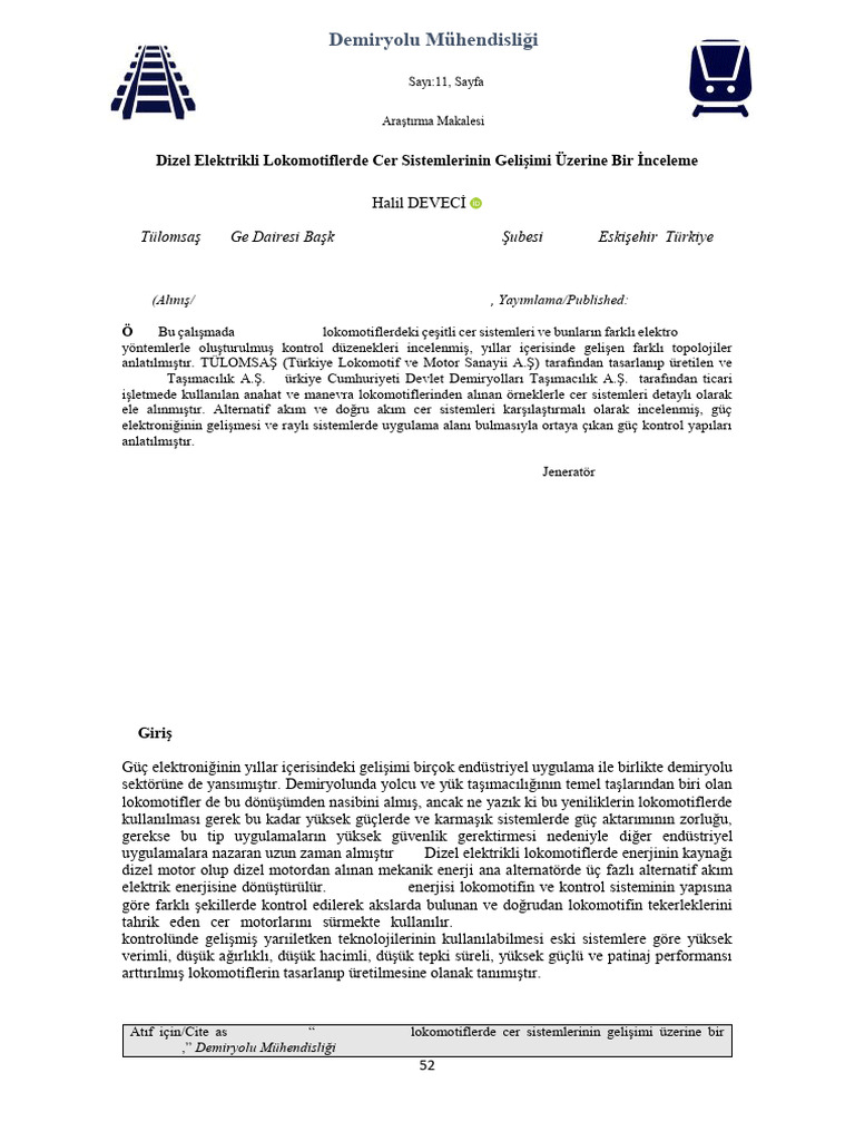 Dizel Elektrikli Lokomotiflerde Cer Sistemlerinin Geli - Imi - Zerine ...