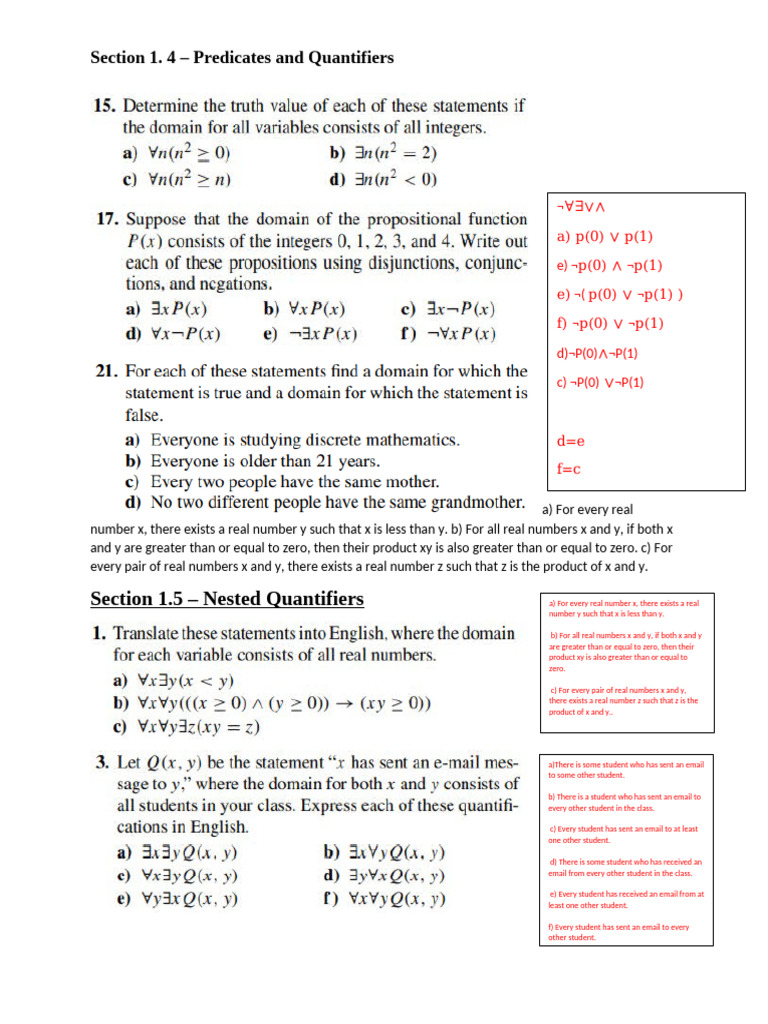Predicates and Quantifiers - Textbook Questions | PDF | Mathematical ...