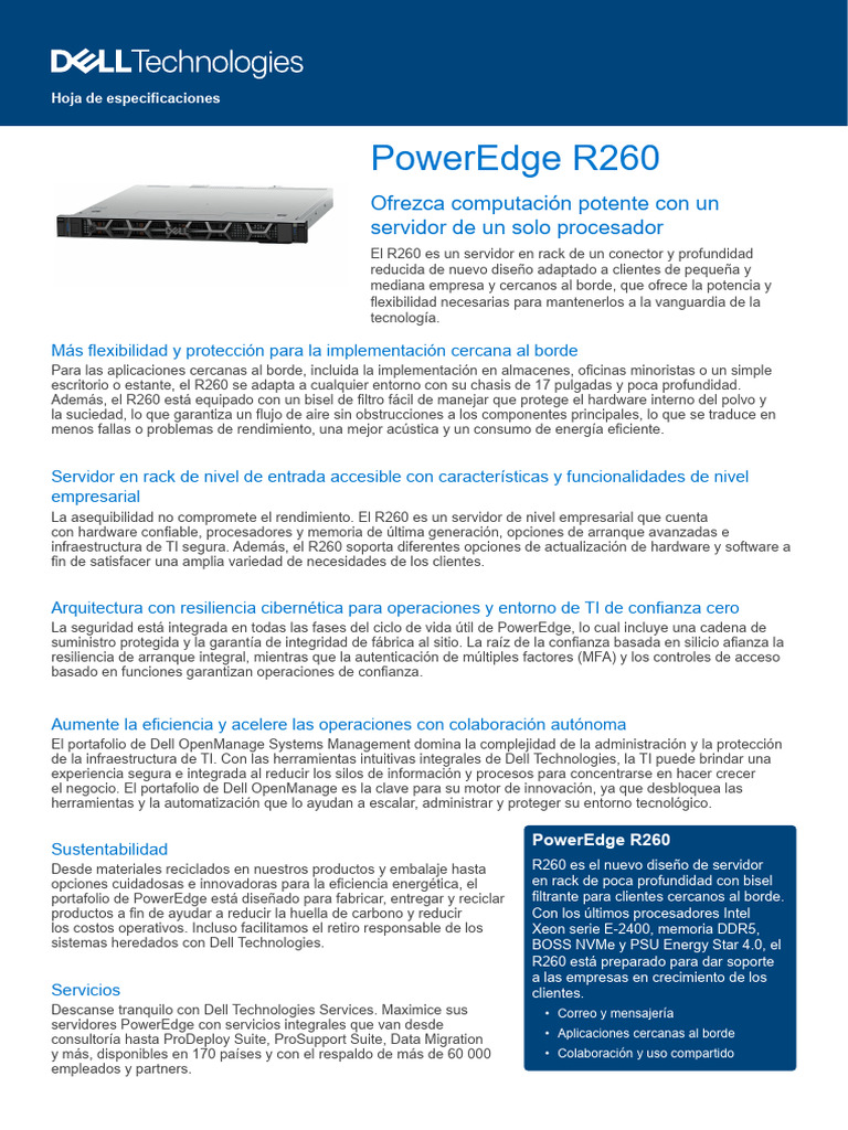 Poweredge r260 Spec Sheet | PDF | Microprocesador | Servidor (Computación)