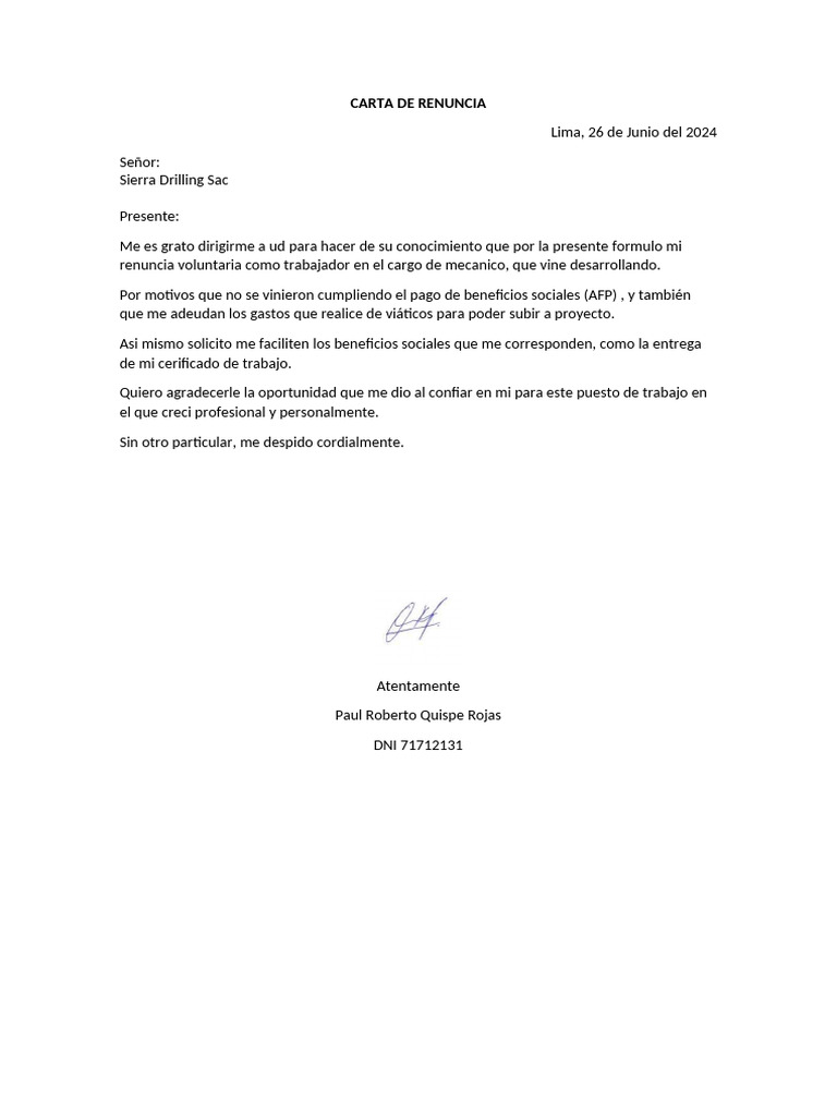 Carta de Renuncia | PDF