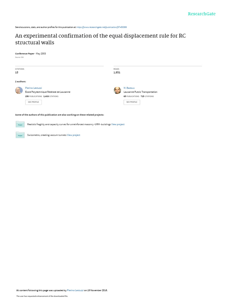 An Experimental Confirmation of The Equal Displacement Rule For RC Structural Walls | PDF ...