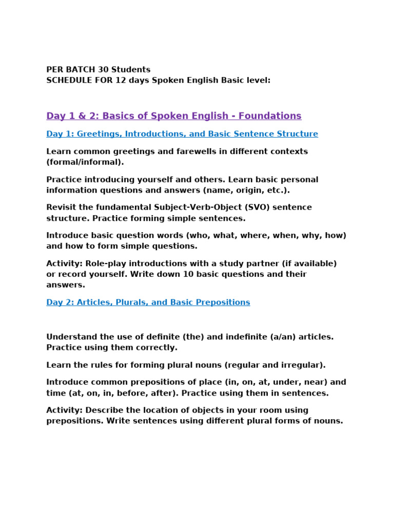 Stars Academy Spoken English 12 Days Plan Schedule | PDF | Vocabulary ...