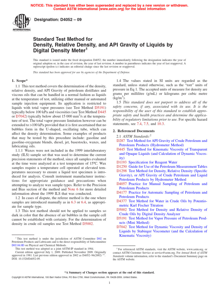 ASTM D4052-09 Standard Test Method For Density, API Gravity of Liquids ...