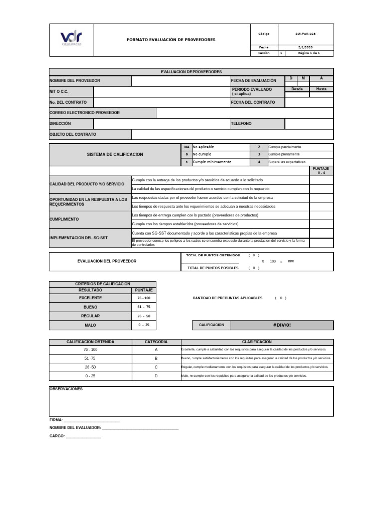 SGI-FOR-028 Formato Evaluacion de Proveedores | PDF | Evaluación