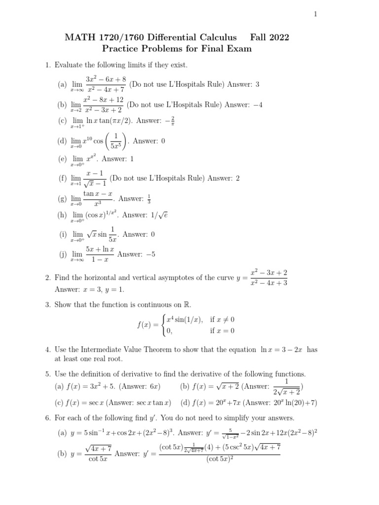 Differential Calculus Final Exam Practice | PDF | Asymptote | Functions ...
