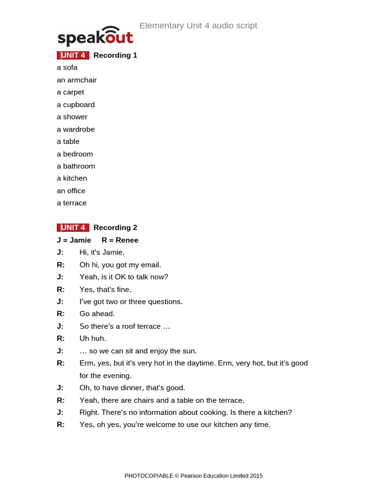 Speak Out Starter Class Audio Script Unit 4 | PDF