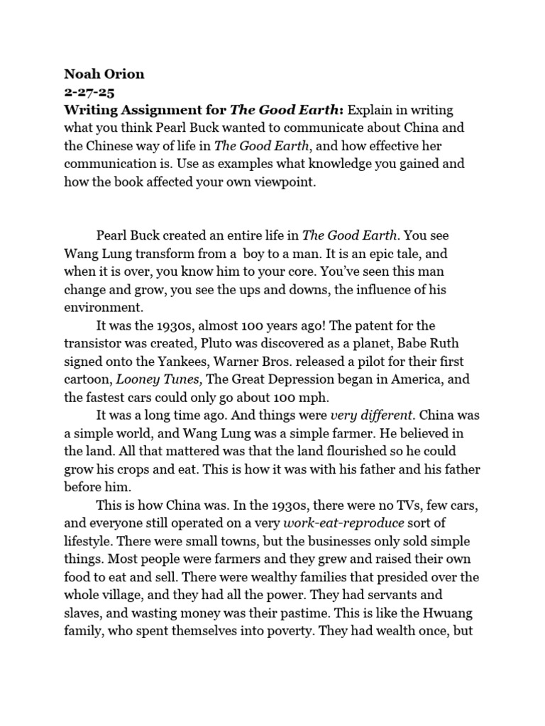 The Good Earth Essay 1 | PDF
