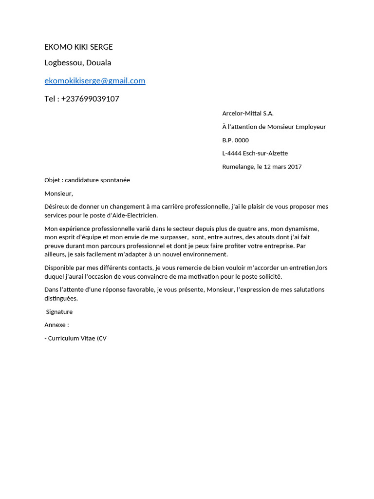 Candidature Aide-Electricien - Ekomo Kiki Serge | PDF