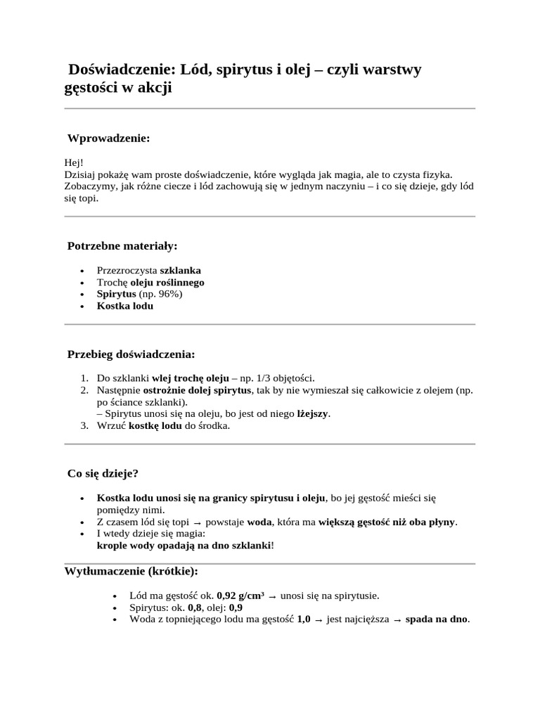 Doświadczenie Lekki Lód Ciężka Woda | PDF