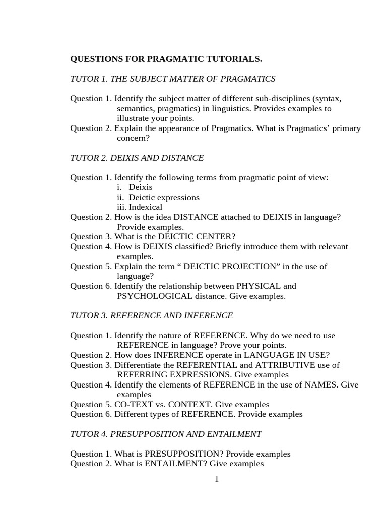 QUESTIONS FOR PRAGMATIC TUTORIALS | PDF | Question | Cognition