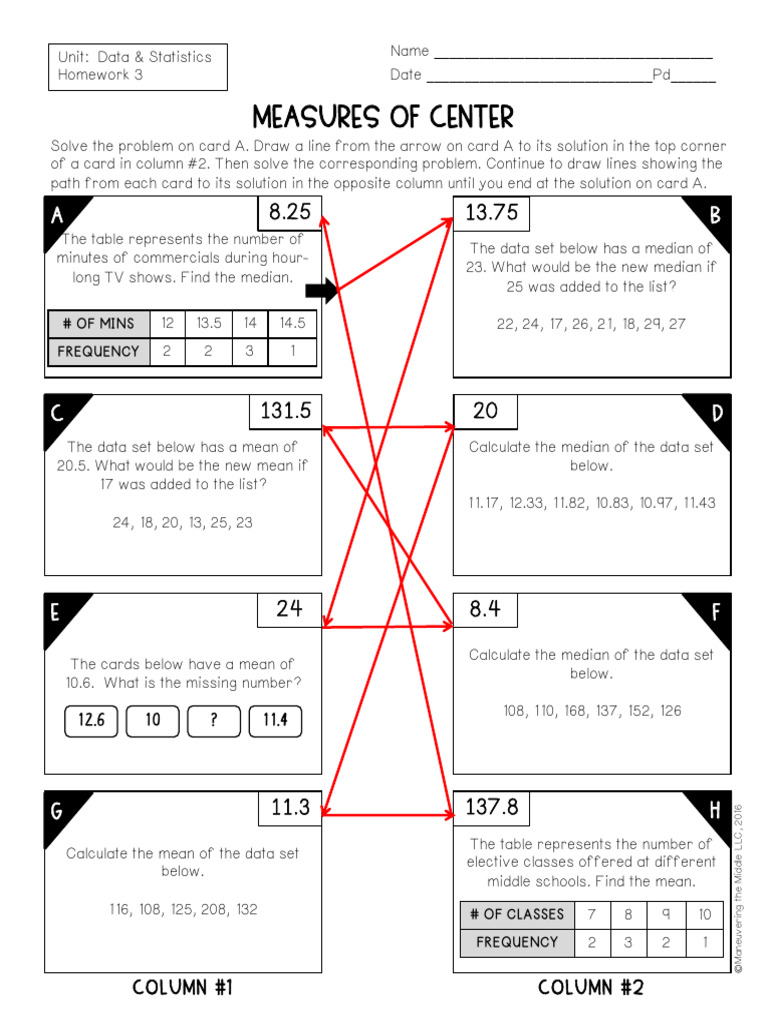 Measures of Center Worksheet Answers | PDF | Mean | Median