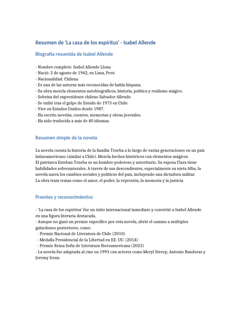 Resumen La Casa de Los Espíritus Isabel Allende | PDF