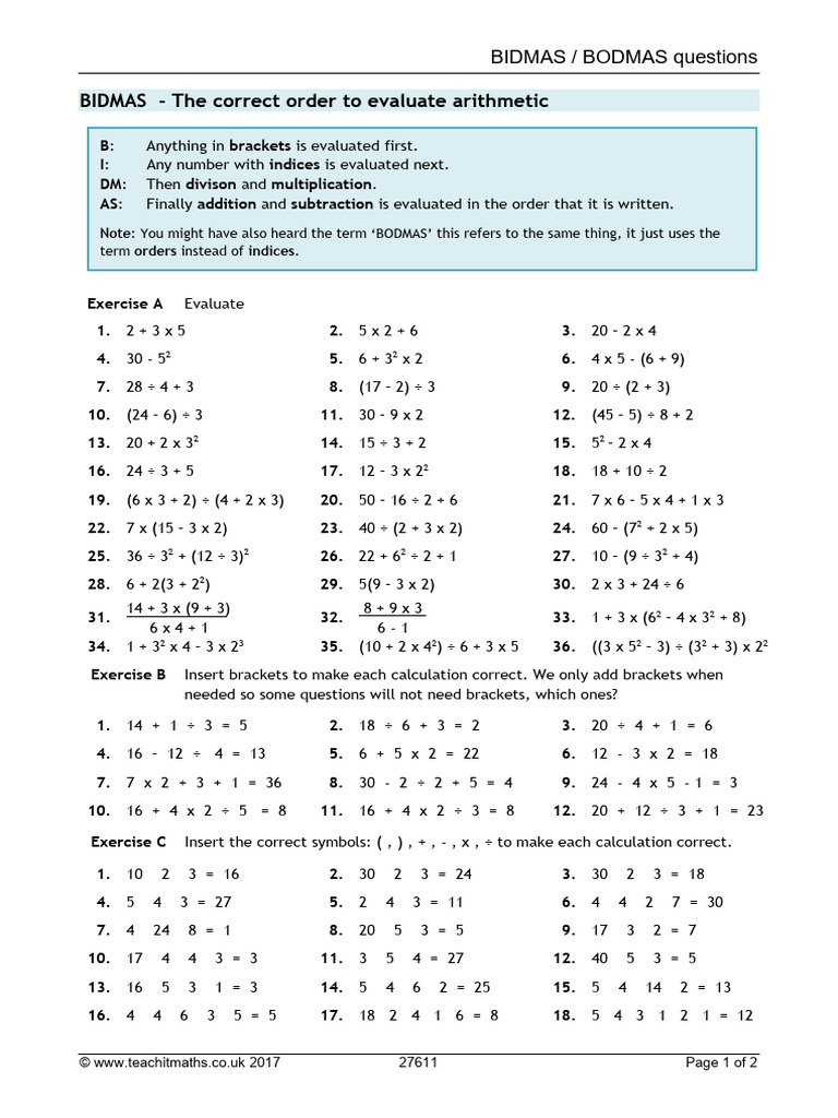 BODMAS Questions and Exercises | PDF | Mathematics | Arithmetic