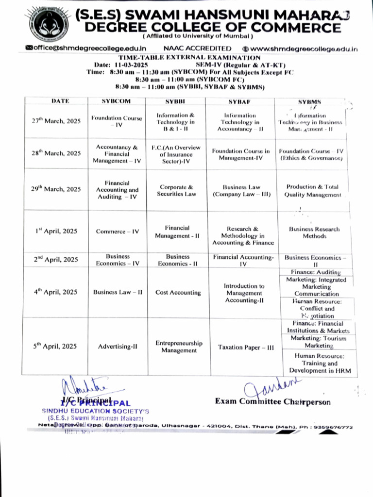 SySem 4 Reg & Atkt Time Table | PDF | Business | Accounting