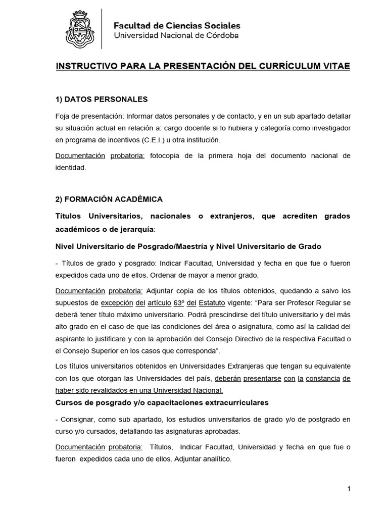 Instructivo Para Armar CV FCS UNC | PDF | Universidad | Enseñando