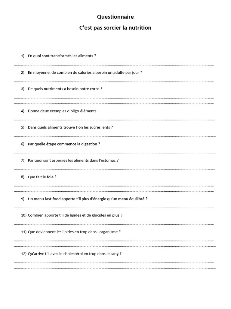 Questionnaire La Nutrition | PDF