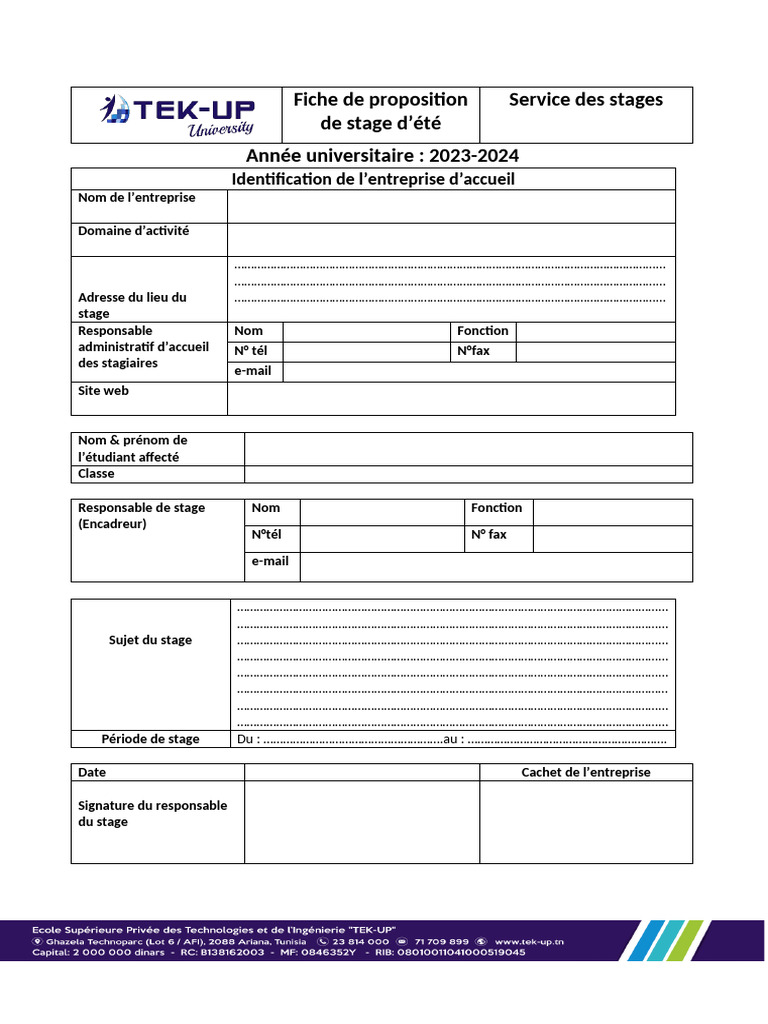 Fiche de Proposition de Stage D Ete | PDF
