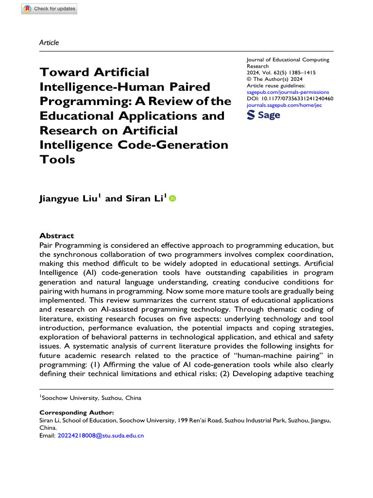 Liu Li 2024 Toward Artificial Intelligence Human Paired Programming A Review of The Educational ...
