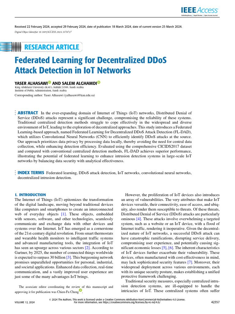 Federated Learning For Decentralized Ddos Attack Detection In Iot Networks Pdf Internet Of
