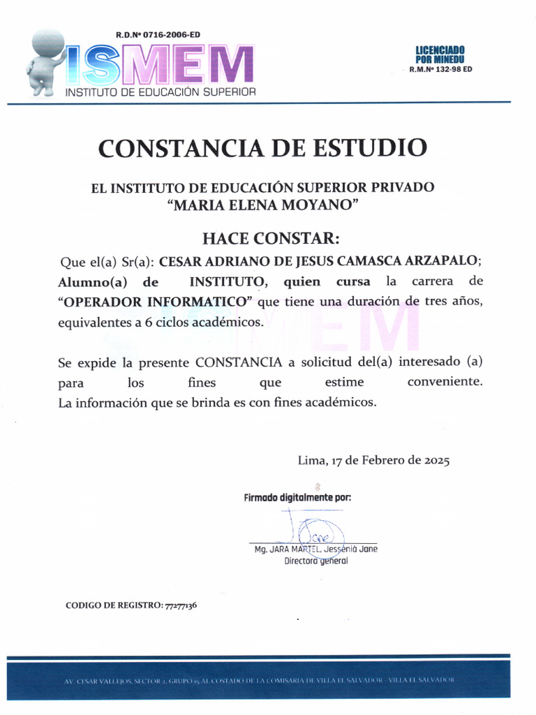 Constancia-De-Estudio - Cesar Adriano de Jesus Camasca Arzapalo | PDF