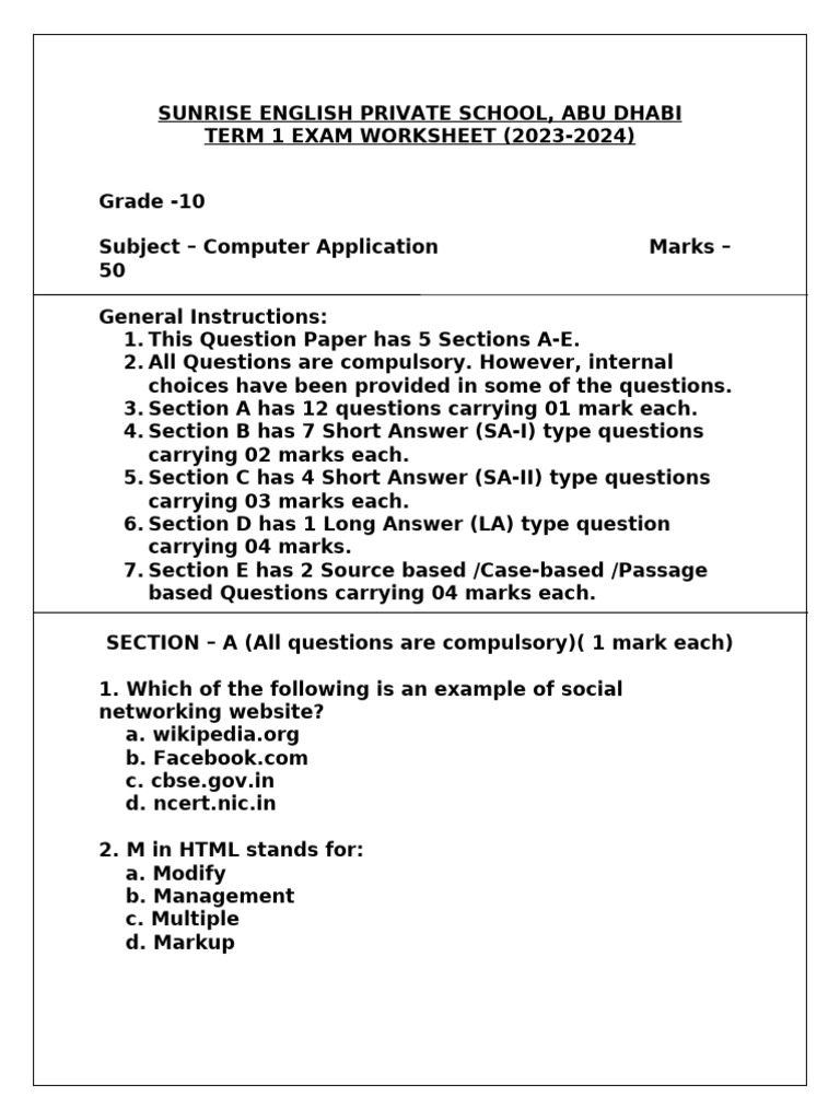 Grade 10 Computer Application Exam Worksheet | PDF | Html | World Wide Web