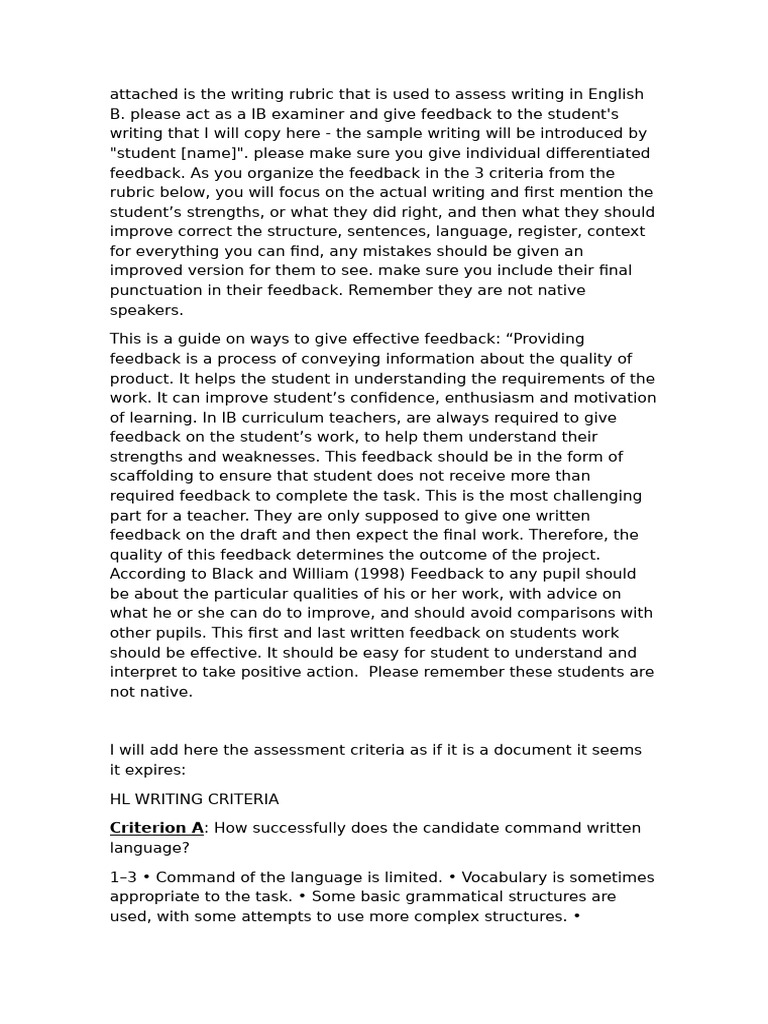 IB Writing Feedback Rubric Guide | PDF | Communication | Teachers