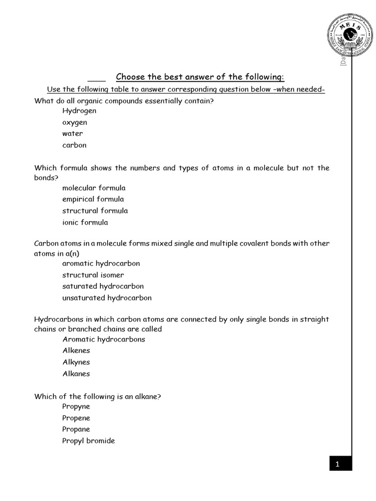 Grade 12 AP Chemistry Organic Worksheet | PDF | Hydrocarbons | Alkene