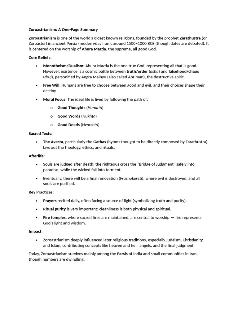Zoroastrianism Overview and Key Beliefs | PDF