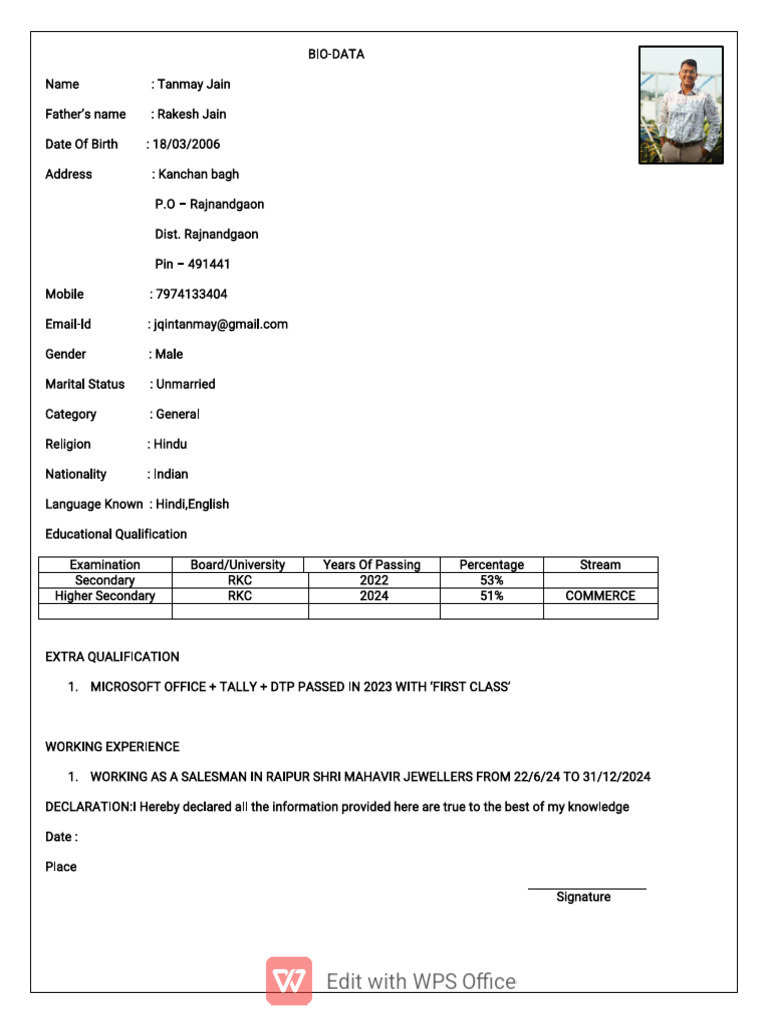 Tanmay's Bio Data | PDF