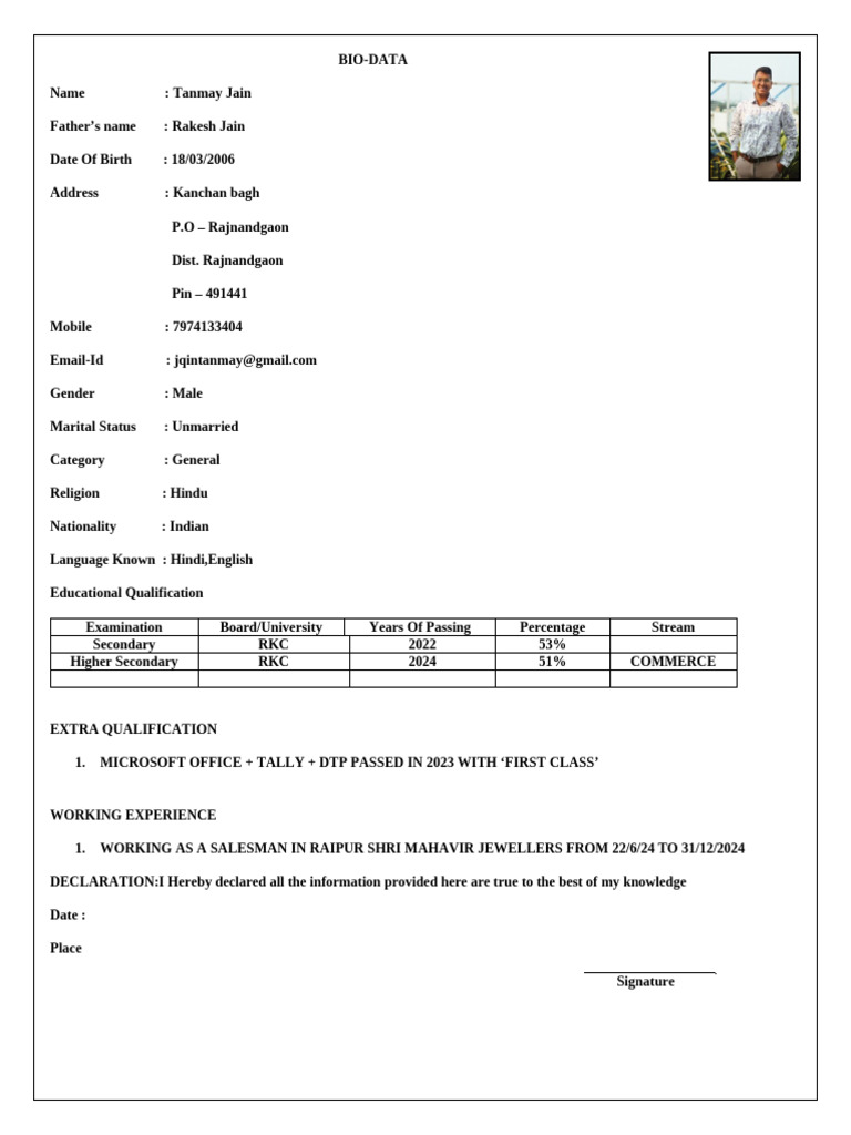 Tanmay's BIO-DATA | PDF