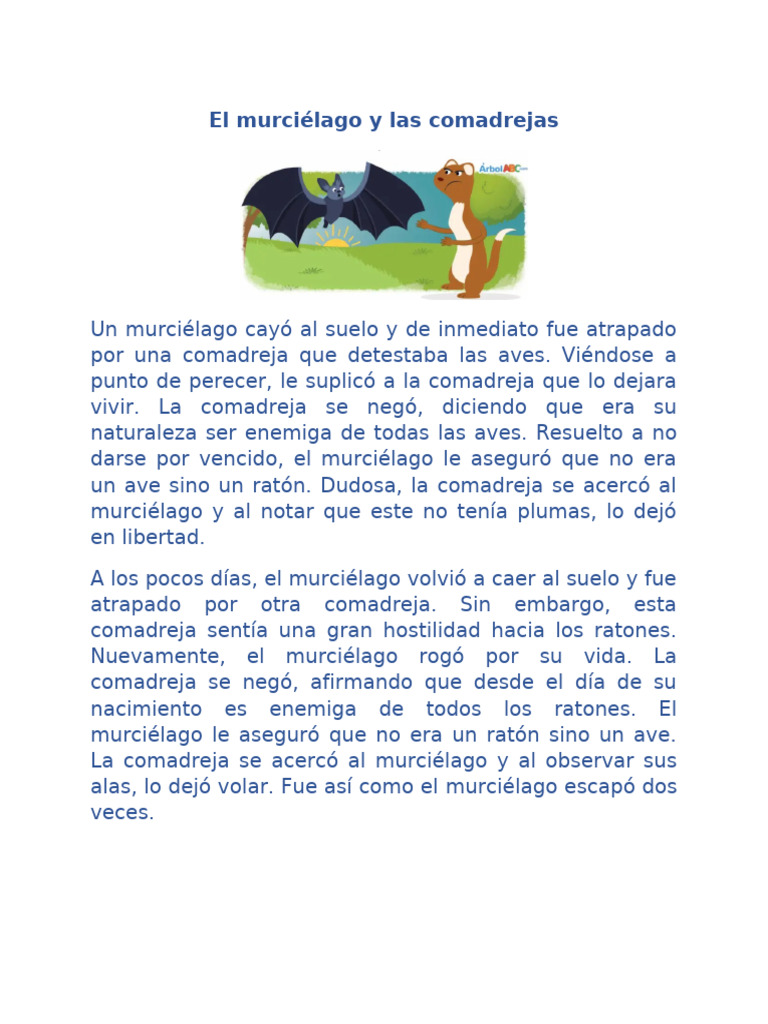 El murciélago y las comadrejas: fábula | PDF